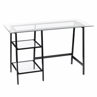 Clear Glass Black Metal Writing Desk with Shelves and Rectangular Desk ...