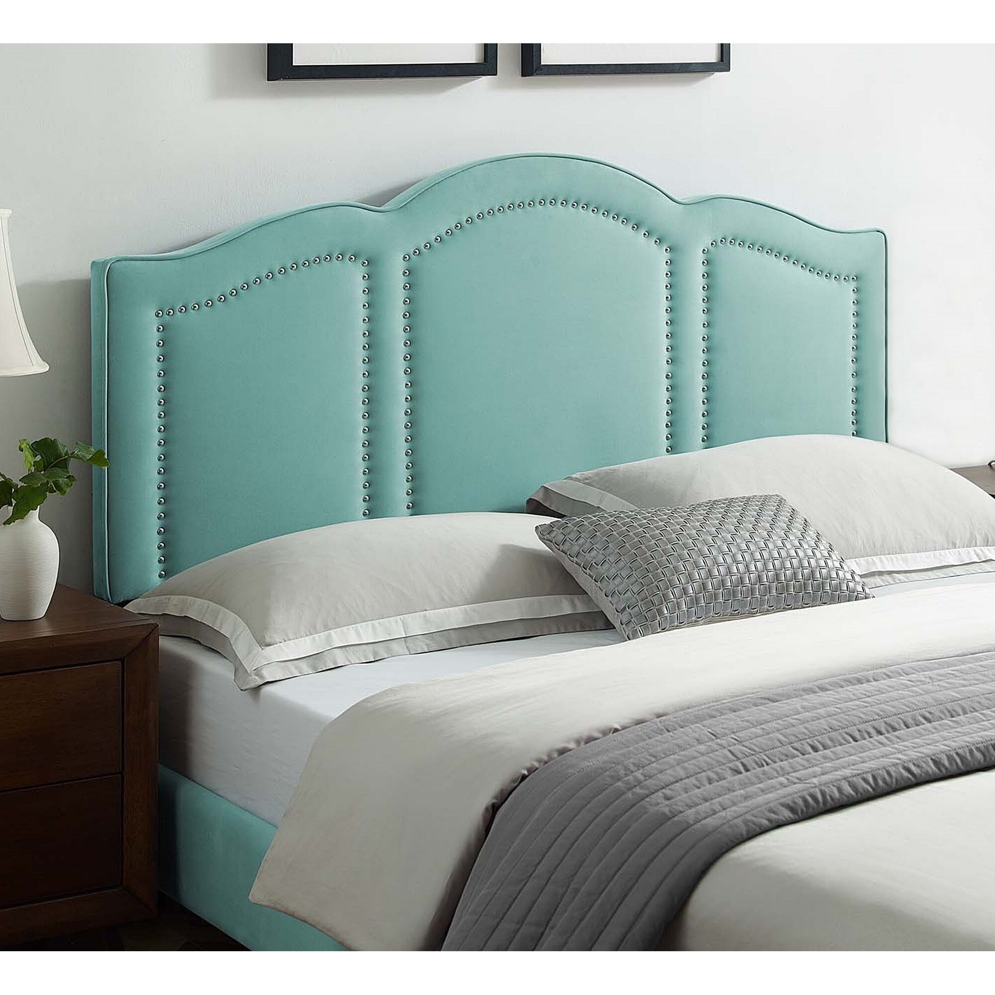 Augusta Light Green Velvet Upholstered Full Queen Size Headboard with Nailhead Trim Bed Bath Beyond 33121370