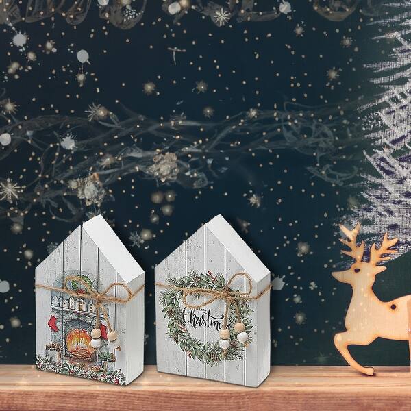 Christmas Mdf House Shape Block With Ribbon - Set of 2 - Bed Bath ...