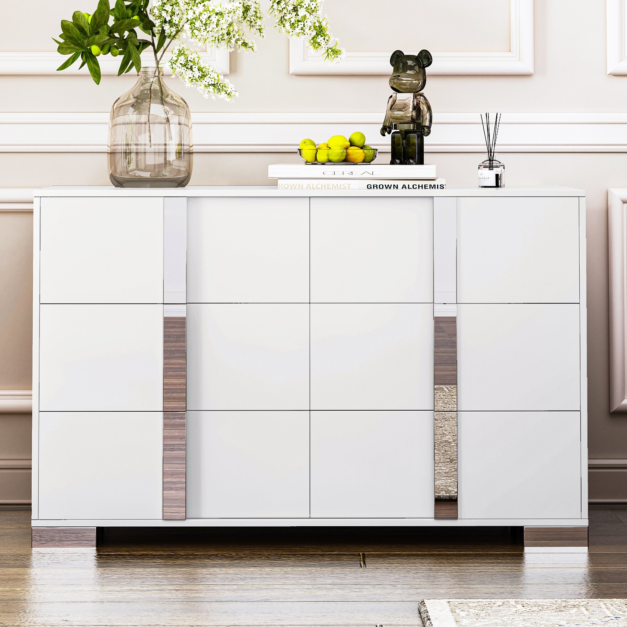 6 Drawers Elegant Modern Dresser with Metal Handle Mirrored Storage Cabinet with for Bedroom