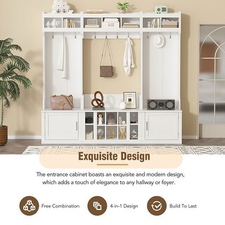 4-in-1 Wide White Hall Tree Entryway Shoe Storage Bench with Show Rack ...