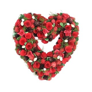 13.5" Red Rose Flower Heart Shaped Artificial Valentine's Day Wreath ...