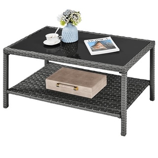 Wicker Rectangular Coffee Table with Tempered Glass Top for Outdoor ...