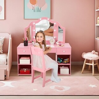 Kids Vanity Set, 2-in-1 Princess Makeup Table with Tri-Folding Mirror ...