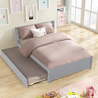 Full Size Wooden Platform Bed with Headboard and Pull Out Trundle Bed ...
