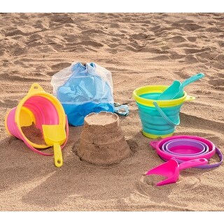 Foldable Beach Bucket Set - 3 collapsible toy buckets with shovels and ...