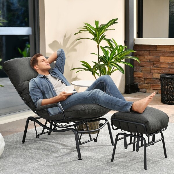Ovios 2 Sets Outdoor Rocking Lounge Chair Set with Ottomans Black