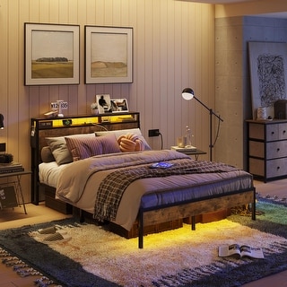 Metal Bed Frame Platform Bed with Storage Headboard LED Lights and ...