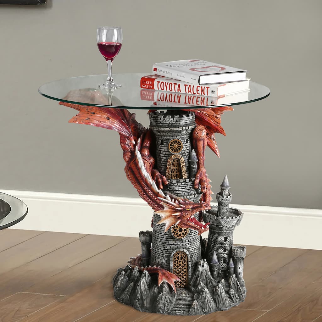 Q-Max 27"H Dragon Table - Volcano Dragon On Castle - Detailed Dragon ...