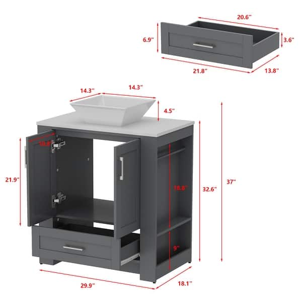 Modern 30" Grey Bathroom Vanity with White Ceramic Basin Side Storage ...