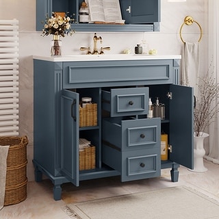 36-Inch Blue Bathroom Vanity with Ceramic Sink, Solid Wood Frame, Soft ...