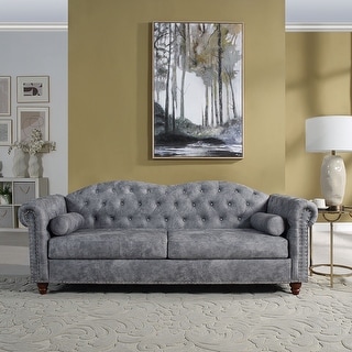 Classic Grey Button Tufted Upholstered Sofa Velvet Fabric Futon Couch ...