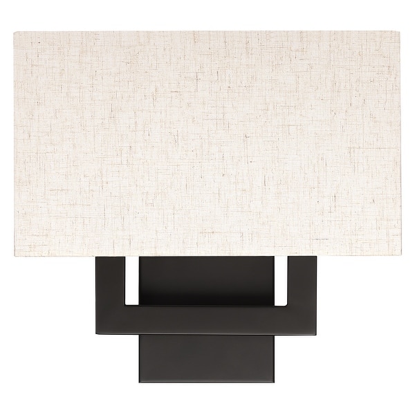 12in H Dark Bronze Wall Sconce Light With Oatmeal Fabric Shade - Bed ...