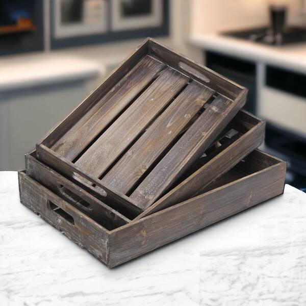 Brown Wood Slatted Trays (Set of Three) - Bed Bath & Beyond - 36267303