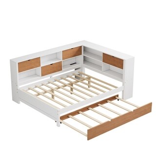 L-Shaped Bed Frame with Trundle and Bookcase,Corner Bed Wooden Captain ...