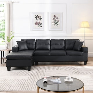 4 Seat L-shape PU Sofa Set w/ 2 Cupholder Couch and Throw Pillows - Bed ...