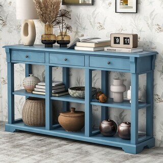 Solid Wood Console Table with 3 Drawers and Open Shelves, Retro ...