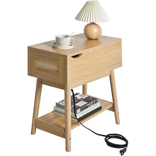 Labcosi Narrow Rattan Side Table, Flip Top Nightstand with Charging ...
