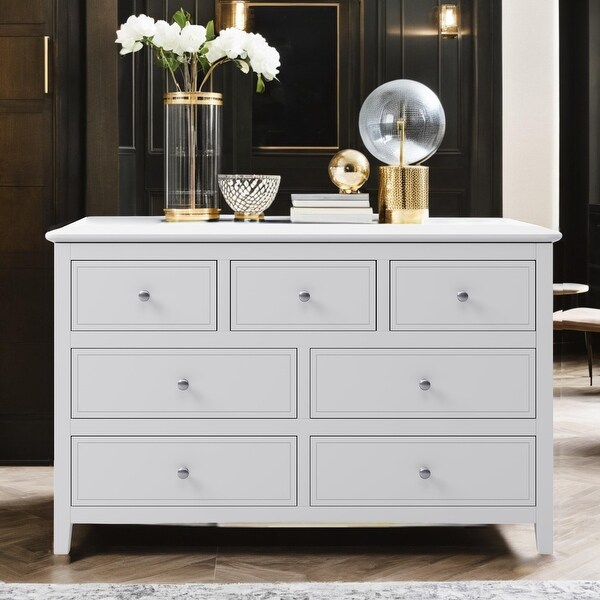 Storage Dresser Solid Wood 7 Drawer Storage Double Chest Fully Assembled Except for Handle 48.42 L x 15.35 W x 30.11 H White