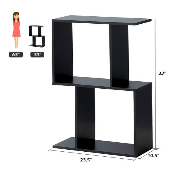 2-tier S-Shaped Bookcase Free Standing Storage Rack Wooden Display ...