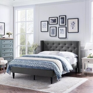 Rhinestone-Tufted Wingback Queen Bed Frame Nailhead Trim Charcoal Gray ...