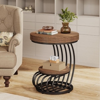 2 Tiers Round End Table with Shelf Storage, Arc-Shaped Side Sofa Table ...