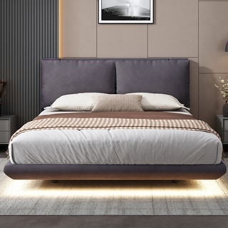 Queen Size LED Floating Bed Low Profile Bed Multi-Functional Bed Frame ...