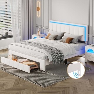 White Upholstered Queen Platform: Led Lights, Storage - Bed Bath ...