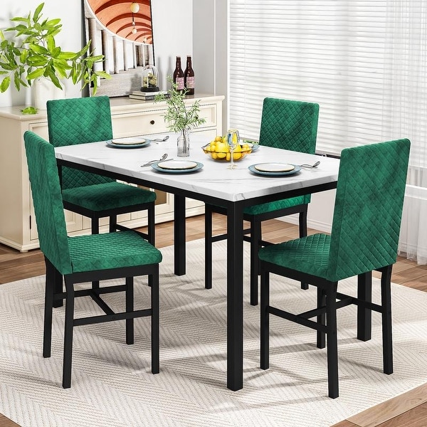Grondin 5 Piece Dining Room Table Set with Faux Marble Table Top and Diamond Stitching Velvet Upholstery Dining Chairs