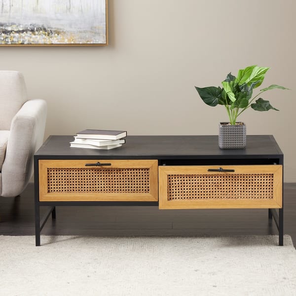 Black Wooden Handmade 2 Drawer Living Room Coffee Table with Rattan ...