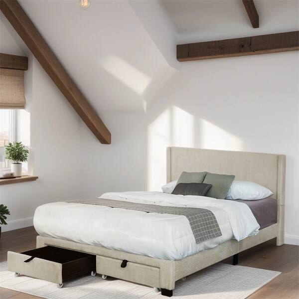 Queen Size Velvet Upholstered Wingback Bed with Footboard Drawers - Bed ...
