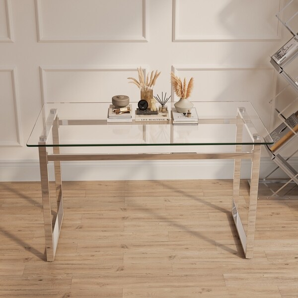 51inch Modern Minimalist Rectangular Tempered Glass Dining Table Silver Chrome Metal Legs Writing Table Desk Bed Bath Beyond 42430306
