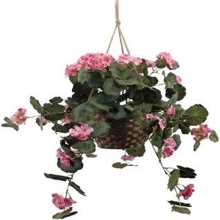 25" Hanging Pink Geranium in Basket, Artificial Flower, Indoor ...