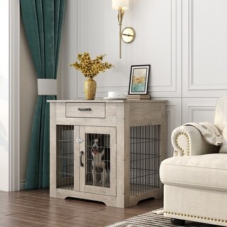 Dog Crate Pet Kennels End Table with Drawer and Double Doors Dog House ...
