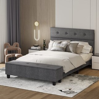 Full Bed Frame with Ottoman Storage, Linen Upholstered Platform Bed ...