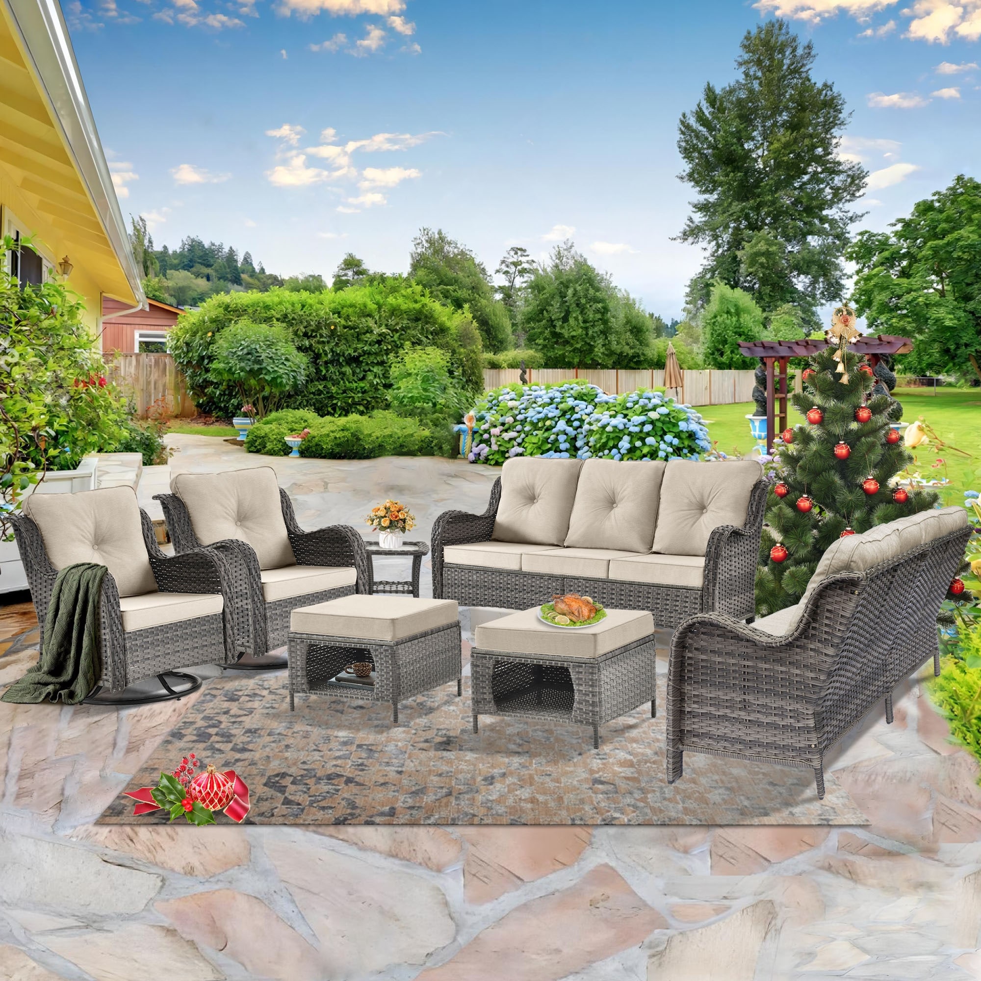10 Seat Wicker Patio Furniture Conversation Setting with High Back Swivel Chairs and Storage Ottomans Cushions Included Bed Bath Beyond 41819323
