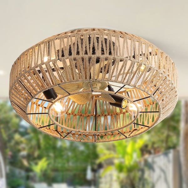 22 Inch Indoor Boho Caged Ceiling Fan With Enclosed Rattan 6 Speeds ...