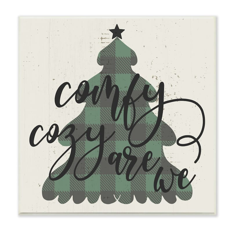 Stupell Comfy Cozy Are We Quote Plaid Christmas Tree Wood Wall Art ...