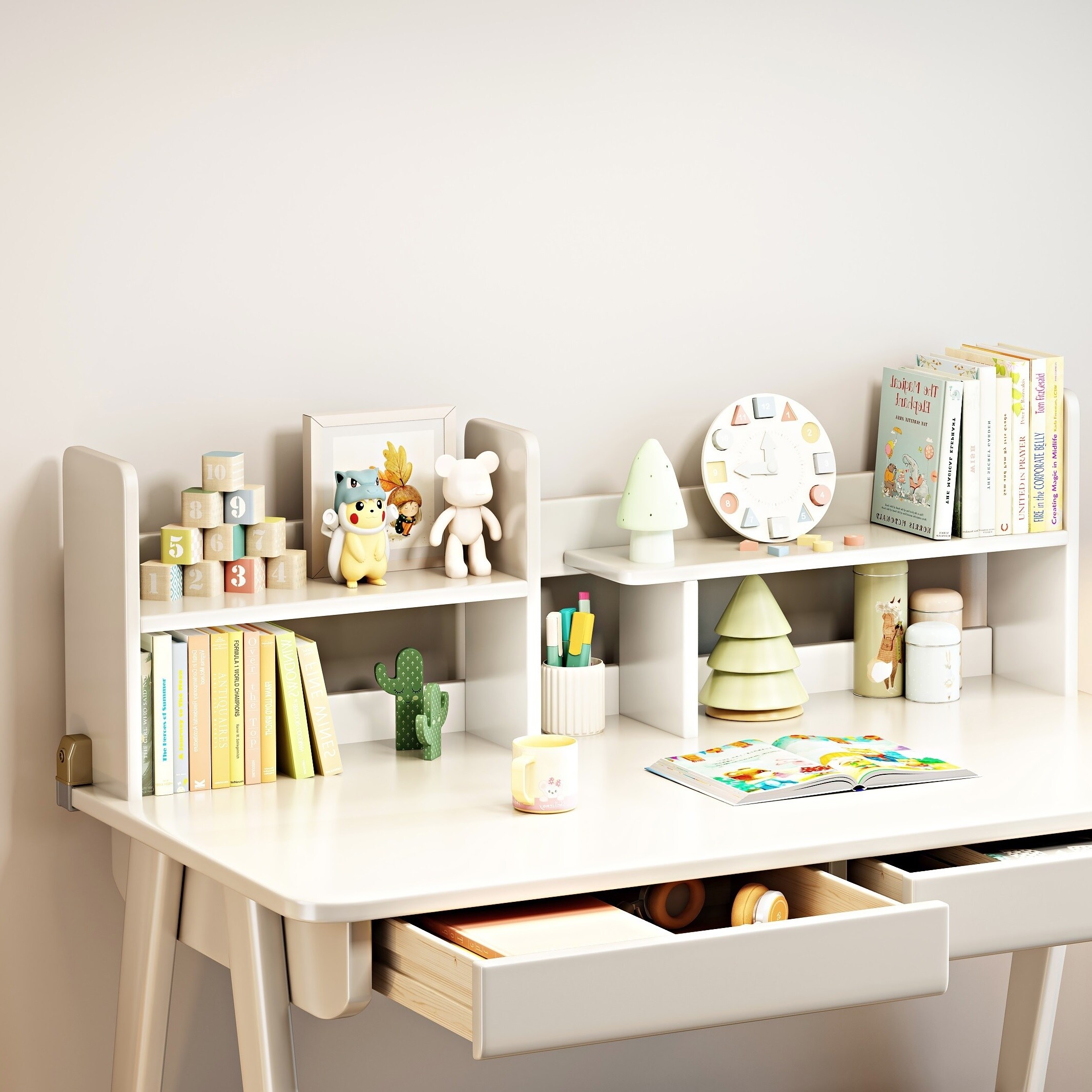 Kids Study Desk with Chair Wooden Children Table with Drawers and Storage Shelf Writing Desk with Hook for Home Use