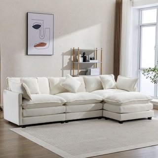 Chenille Upholstered Puff Sofa L-Shape Sectional Couch wPillows, Beige ...