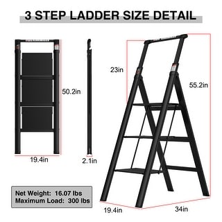 3-Step Retractable Handgrip Folding Aluminum Step Stool Ladder with ...