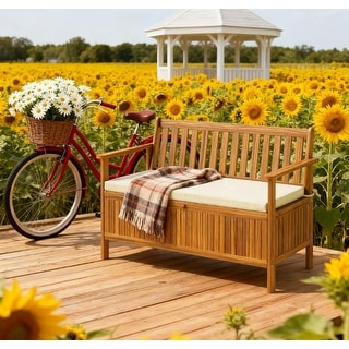 Wood Patio Bench With Storage Compartment And Cushion For Outdoor ...