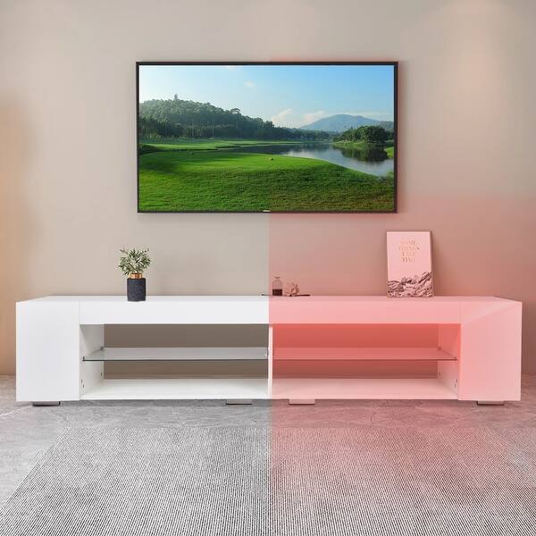 LED TV Stand Modern Entertainment Cente with Glass Shelves and Hidden ...