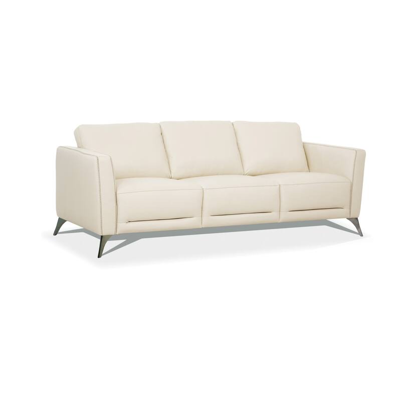 Leather Upholstered Sofa with Track Arms and Angled Metal Feet, Cream ...
