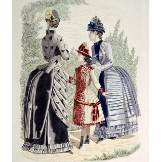 Hand-Colored Engraving Of Two Women Wearing Bustle Dresses And A Girl ...