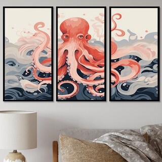 Octopus Queen On The Waves Retro Illustration - Octopus Wall Art Set Of ...