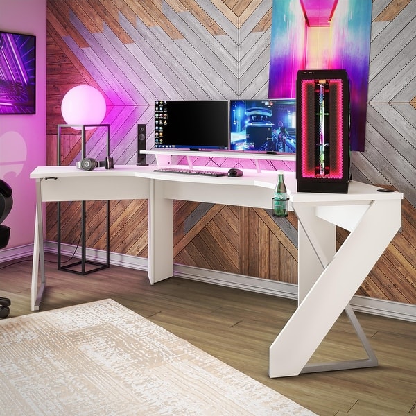 Ntense Xtreme White Gaming Corner Desk with Riser & LED Light Kit - Bed ...