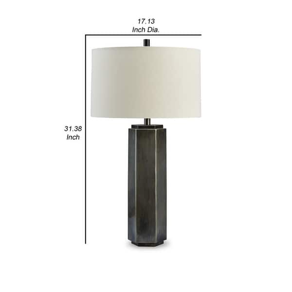 31 Inch Table Lamp, Vintage Pewter Hexagonal Metal Base, Fabric Drum ...