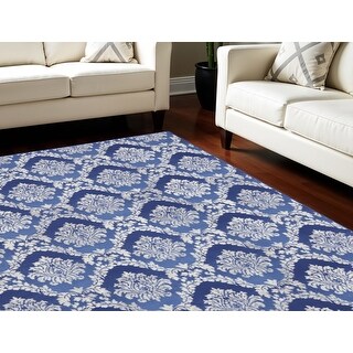 HomeRoots 8' X 12' Blue and Ivory Damask Distressed Non Skid Area Rug ...