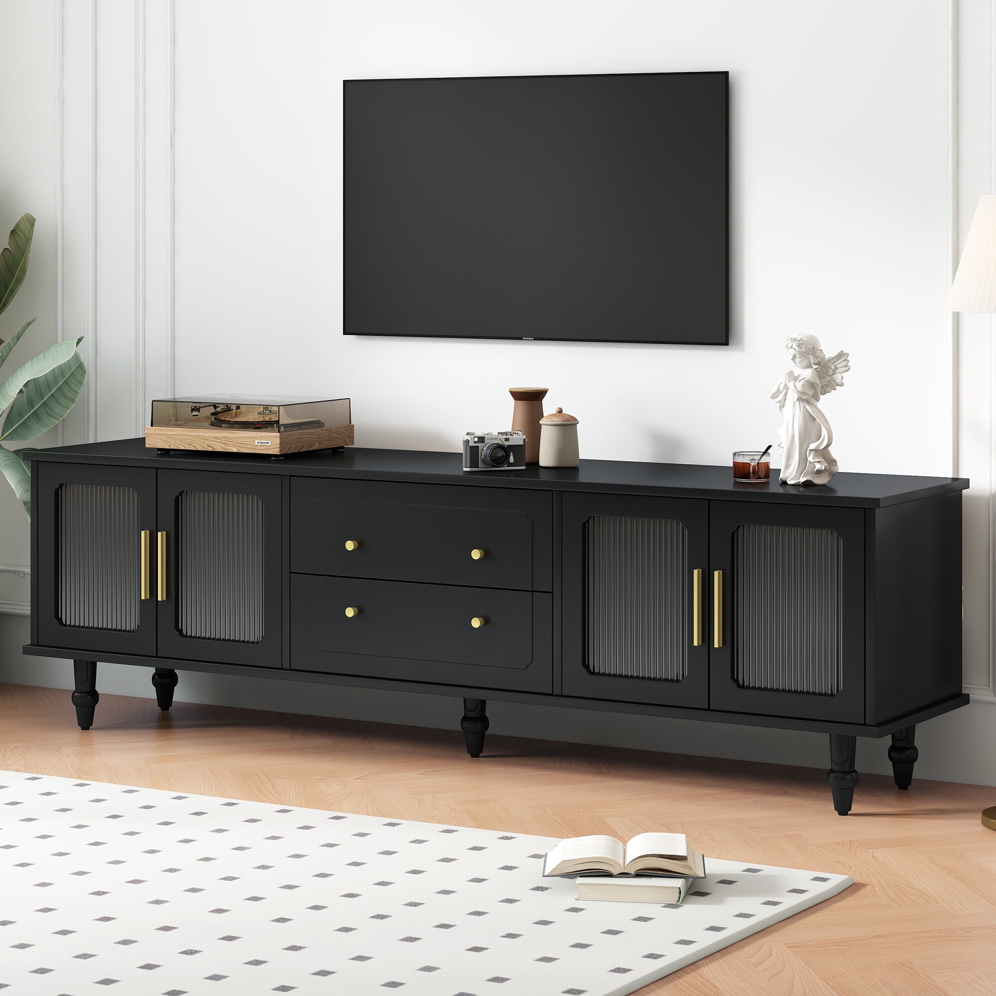 Black TV Stand Media Console Table with Fluted Glass Doors 2 Drawers 69.60 x 15.70 x 21.80